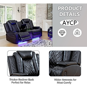 AYCP Multifunction Power Air Leather Recliner Sofa Set with LED Lights, Living Room Furniture, Reclining Sofa, loveseat, Chair with USB Port/Storage Console/Cup Holders (Black, 3 Pieces)