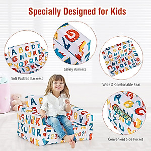 Costzon Kids Couch, 2 in 1 Flip Open Children's Sofa w/Velvet Fabric, Storage Pockets, Toddler Armrest Chair Bed for Nap Play Sleep, Ideal Gift for 0-4 Years Old Baby Boys Girls, Alphabet