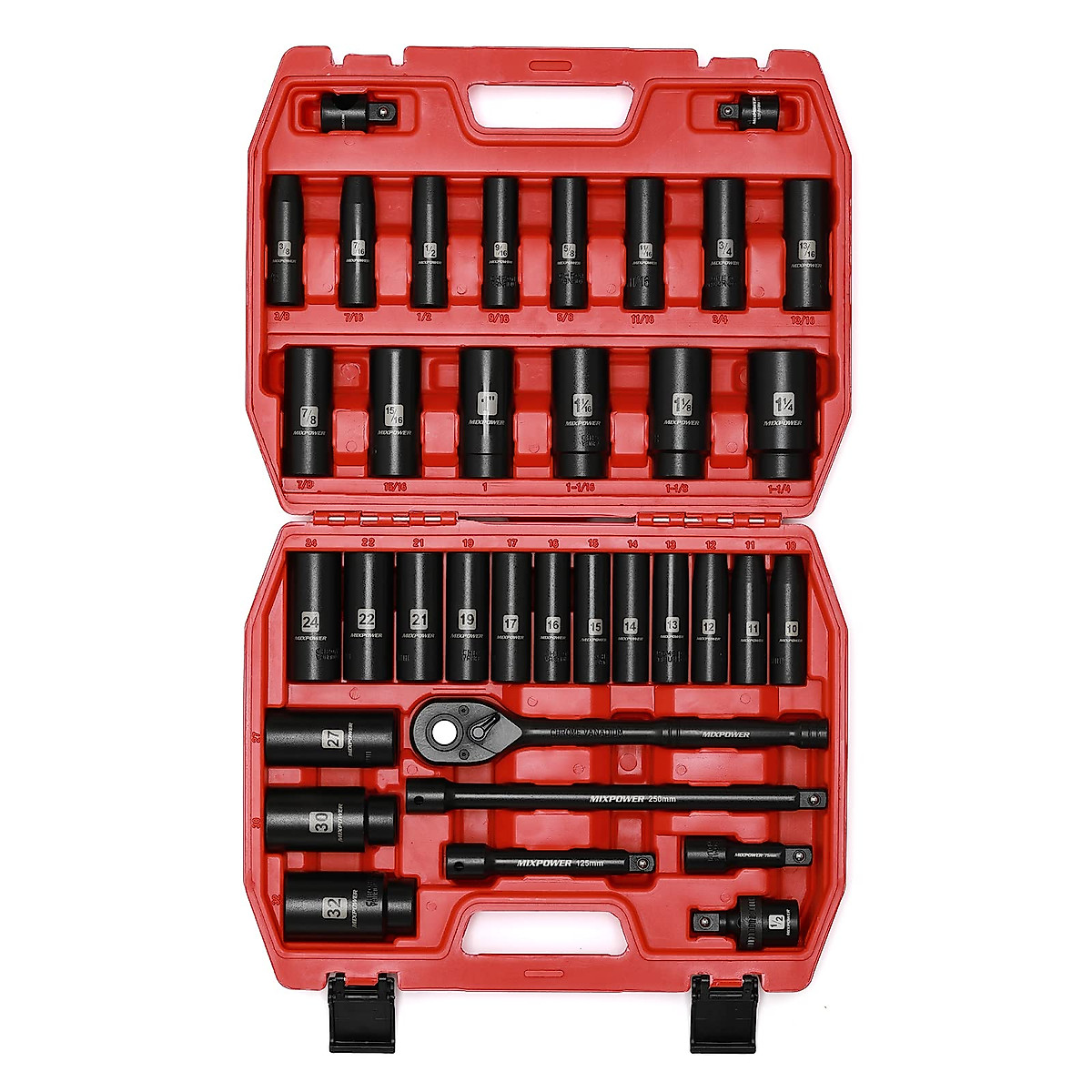 MIXPOWER 36-Piece 1/2-Inch Drive Deep Impact Socket Master Set with 10-inch Quick-release Ratchet Handle & Accessories, 3/8" - 1-1/4", 10-32MM, Deep, SAE&Metric, CR-V Steel