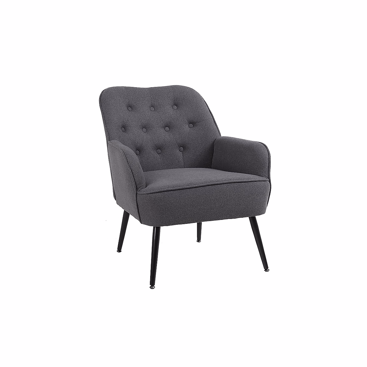 Mid Century Modern Accent Chair Button-Tufted Upholstered Comfy Chair with Linen Fabric Lounge Arm Chairs with Black Metal Legs for Living Room Bedroom (Dark Gray)