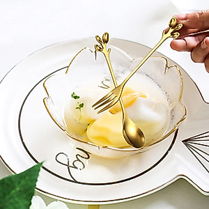 12 Pieces Stainless Steel Gold Leaf Coffee Spoon, findTop Spoons Fruit Forks Stainless Steel Mini Creative Tableware for Sugar Cake Ice Cream Tea Stirring Mixing Tea Spoon and Fork Set (Gold)