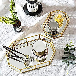 Decorative Metal Mirror Catchall Tray, Glass Vanity Tray, Dresser Tray, Jewelry Display Tray, Vanity Organizer for Accent Table, Gold Leaf Finish, 12.4x8.5x2 inches (Polygon)