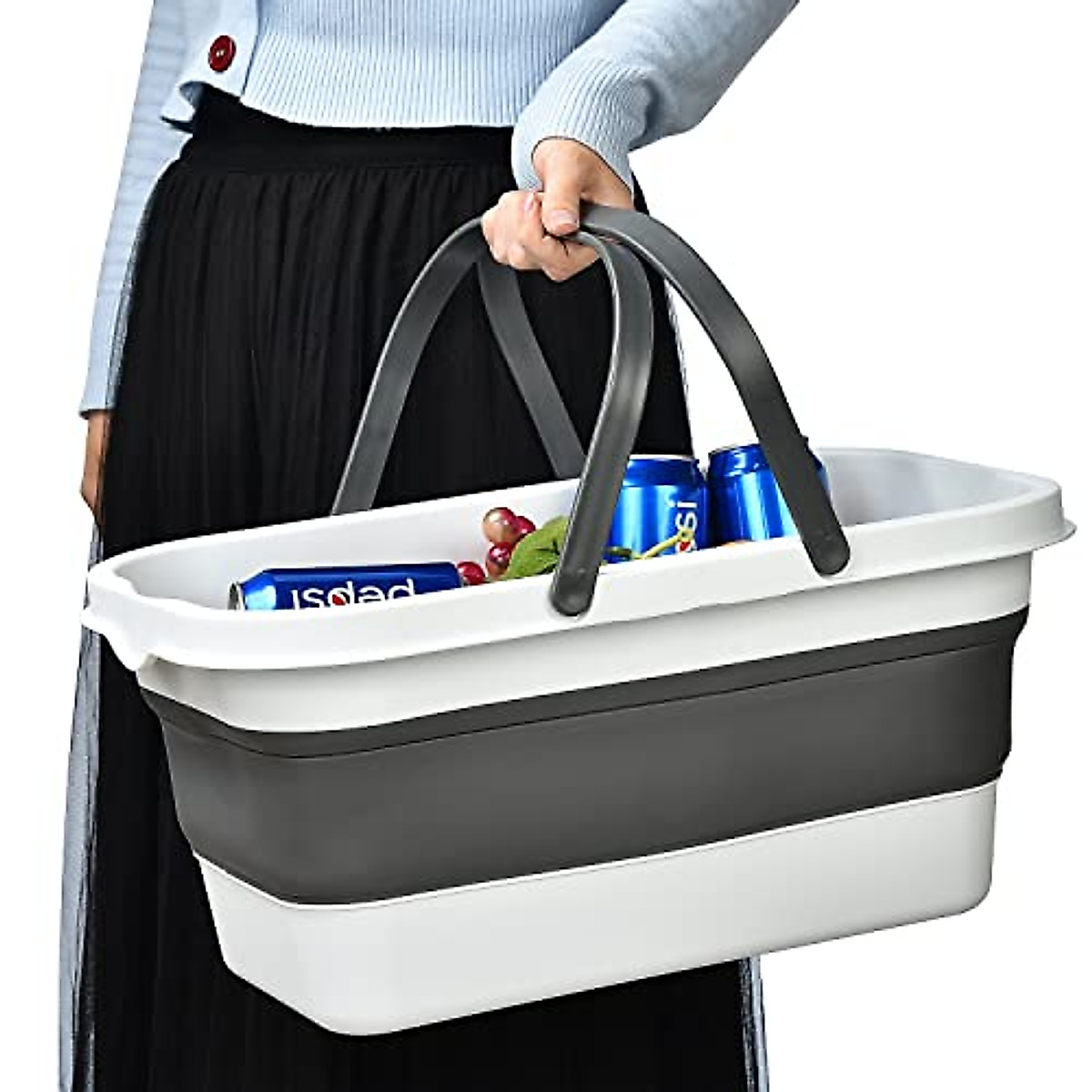 Foldable Picnic Basket with Lid and Tray Table, Collapsible Camping Basket Tub with Handle, Portable Basin Bucket for Camping BBQ
