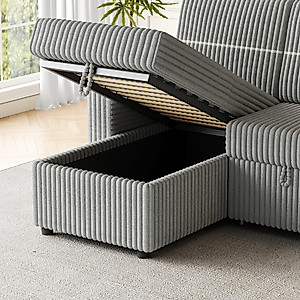 Fjzhai 85" Sectional Sleeper Sofa Bed with Storage Chaise, L Shaped Pull Out Couch Bed with USB Port and Cup Holders,Corduroy Modular Sofa,Small Couch for Living Room,Apartment,Office (Light Grey)