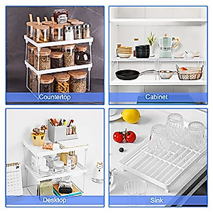 NiHome 4-Pack Stackable Plastic Kitchen Storage Shelf Foldable Rack - White Kitchen Cabinet Organizer and Storage Shelves Stackable Expandable Storage Racks for Counter Cabinet Pantry