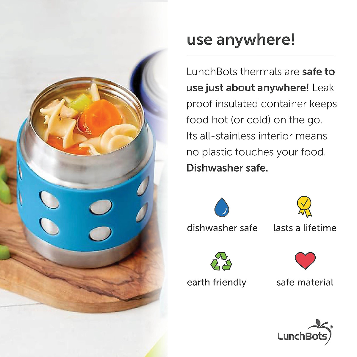 LunchBots Thermal 8 oz Triple Insulated Thermos - Hot 6 Hours or Cold 12 Hours - Leak Proof Thermos Soup Jar - All Stainless Interior - Navy Lid - Aqua Dots