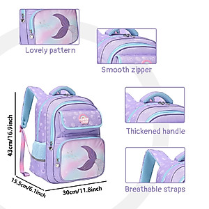 Tanou Kids Backpacks for Girls, 16'' Elementary School Backpack, Breathable Bookbags with Reflective Strip for Girl 6-12 Years, Mermaid