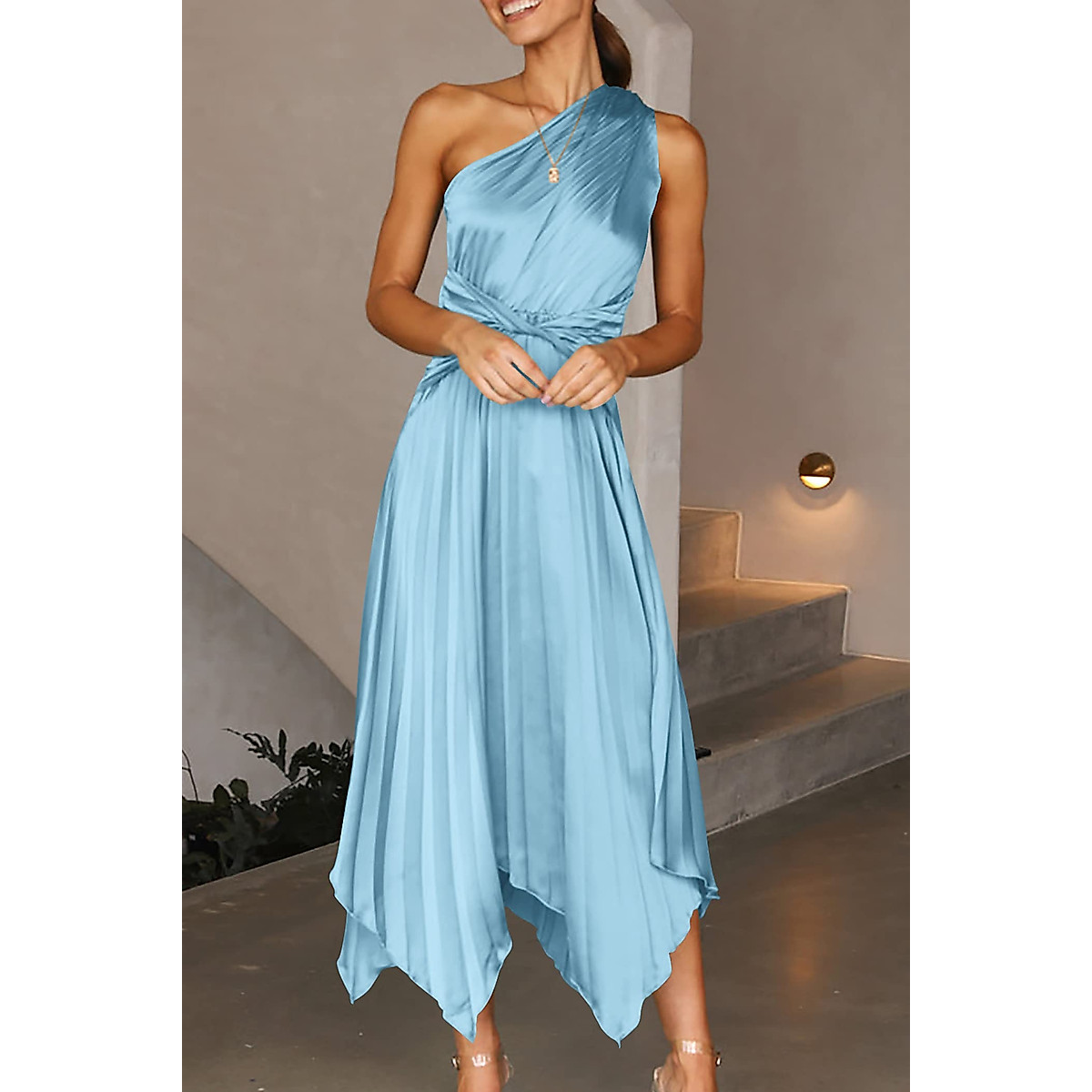 PRETTYGARDEN Women's Summer Long Satin Dress One Shoulder Sleeveless Ruched Twist Flowy Maxi Dresses (Light Blue,Small)