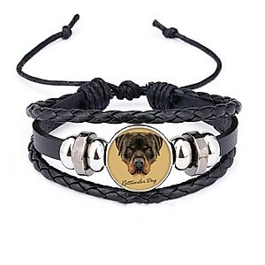 DIYthinker Black Ferocious Rottweiler Dog Pet Animal Bracelet Braided Leather Rope Bead Wristband