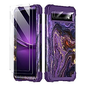 Miqala Google Pixel 6A Heavy Duty Case: Shockproof, Anti-Scratch, with 2 Tempered Glass & Camera Lens Protectors - Purple
