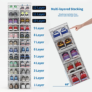 SESENO. 12 Pack Shoe Storage Boxes, Clear Plastic Stackable Shoe Organizer Bins, Drawer Type Front Opening Shoe Holder Containers