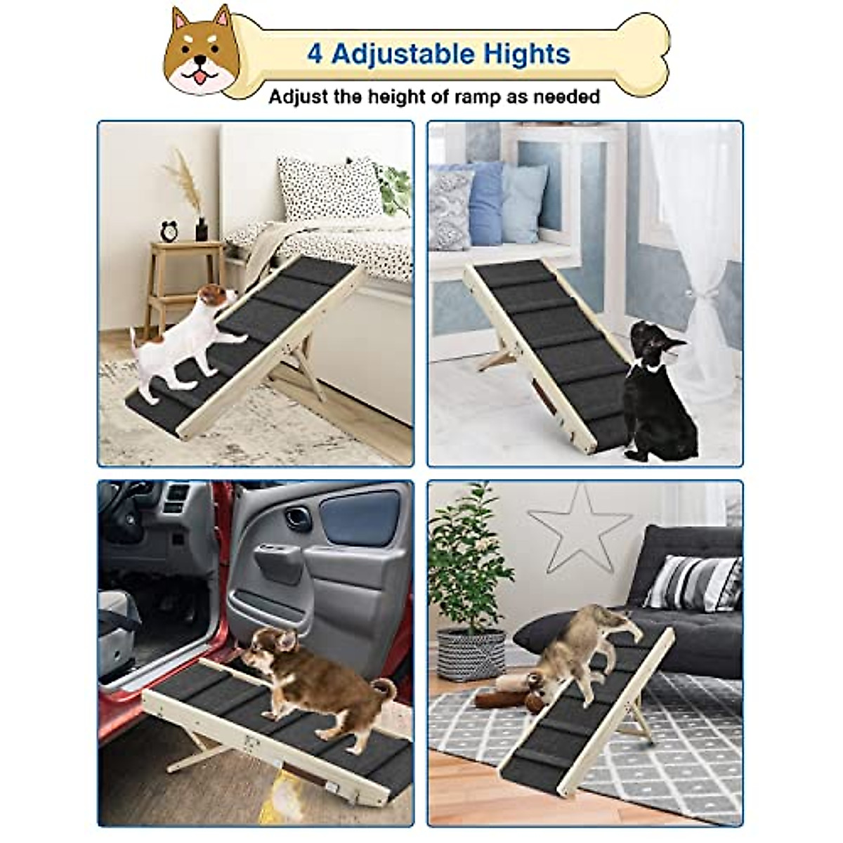 TNELTUEB Adjustable Dog Ramp, Wooden Folding Portable Pet Ramp,Rated for 30 LBS, 32.6" Long and Adjustable from 10" to 19" with Non-Slip Traction Mat, Dog Step for Bed, Couch,Car (Grey)