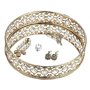ELLDOO Crystal Mirror Vanity Tray - 9.8" Round Jewelry Trinket Tray Gold Decorative Tray for Dresser Glass Makeup Tray Bathroom Tray Storage Perfume Organizer for Bedroom