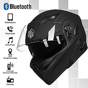 ILM Bluetooth Motorcycle Helmet Modular Flip up Full Face Dual Visor Mp3 Intercom FM Radio DOT Model 902BT(Matte Black, Large)