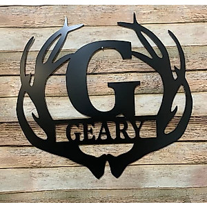 PK Décor Deer Antler Decor Family Last Name ACM Metal Sign For Man Cave, Couple Antler Initials, 18 or 24 inches, Last Minute Gift Idea for Him, Black, White, Silver, Gold