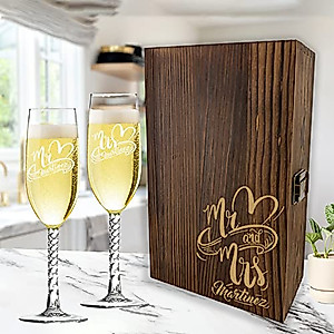 Personalized Mr & Mrs Toasting Glass Set - Engraved Wooden Box Included -Custom Engagement & Anniversary Gift