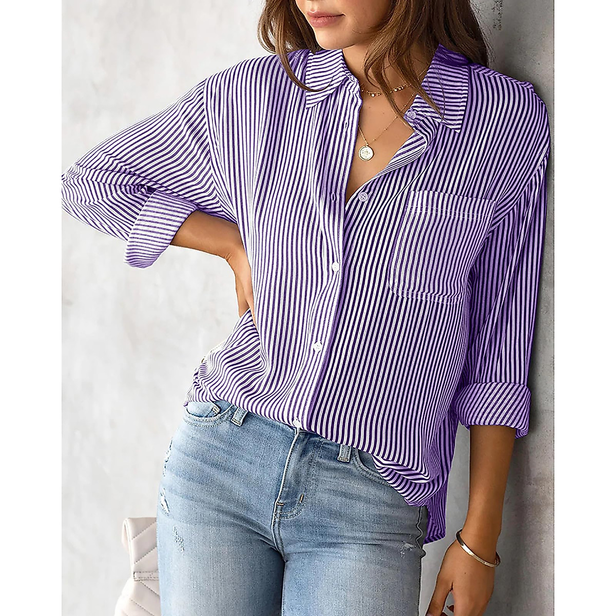 Mayntop Women Button-Down Collar Pinstripe Vertical Stripe Long Sleeve Pocket Loose Shirt Business Casual Top OL Office Lady Work Blouse A Purple XL