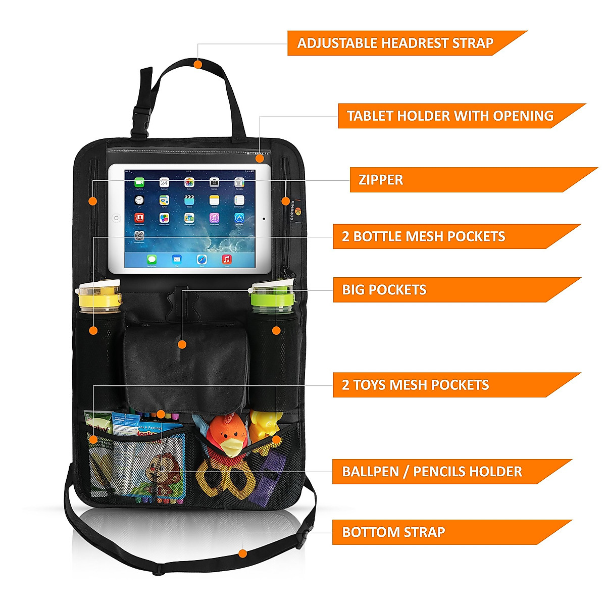 Kimbros Backseat Organizer with Tablet Holder for any age, (Holds IPAD PRO 10.5), Multiple Pockets, Side Double zipper for cables, Extra Long Harness with buckle for any size car, Baby wipe pouch