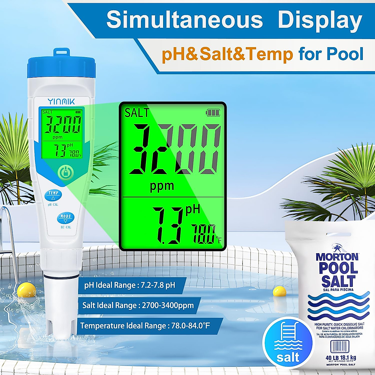 YINMIK pH Salt Meter for Home, Simultaneous Display of pH TDS for Household Water, 2024 New Upgraded 5 in 1 EC Temp Salt TDS pH Tester for Saltwater Pool,Hot Tubs,Home Brewing,Aquarium, Hydroponics