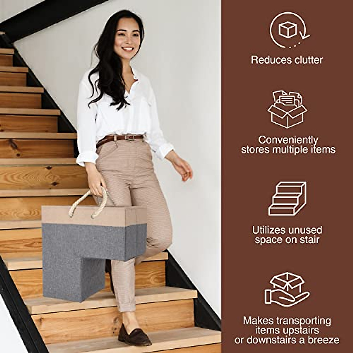 SAM AND MABEL Stair Basket for Stairs - Stair Baskets for Carpeted and Wooden Stairs, Collapsible Staircase Basket, Stair Step Basket Storage Organizer for Office and Home Decor (Soft Beige and Gray)
