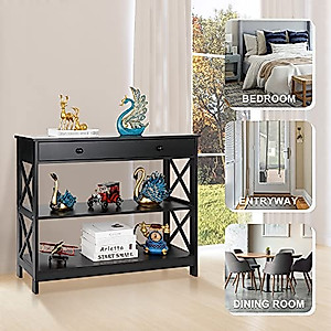 SUPER DEAL 3 Tier Console Table with 1 Storage Drawer Narrow Entryway Accent End Table Sofa Side Table for Living Room Bedroom Couch Hallway, X Frame Design, 39.3 Inch 2 Storage Shelves Black