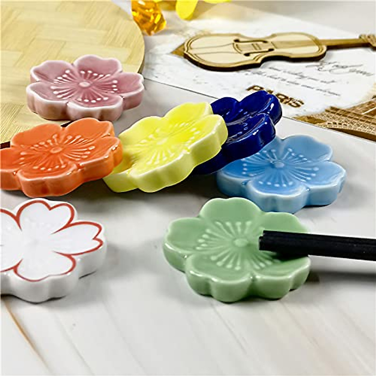 YAIKOAI Set of 7 Cherry Blossom Ceramic Chopsticks Rest Rack Forks Dinner Spoons Knives Stand Holder for Party Home Restaurant Dinnerware