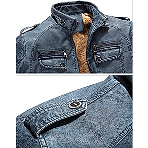 CHARTOU Men Retro PU Faux Leather Bomber Jacket Stand Collar Fleece Lined Motorcycle Jacket Zip Up (Medium,Blue)