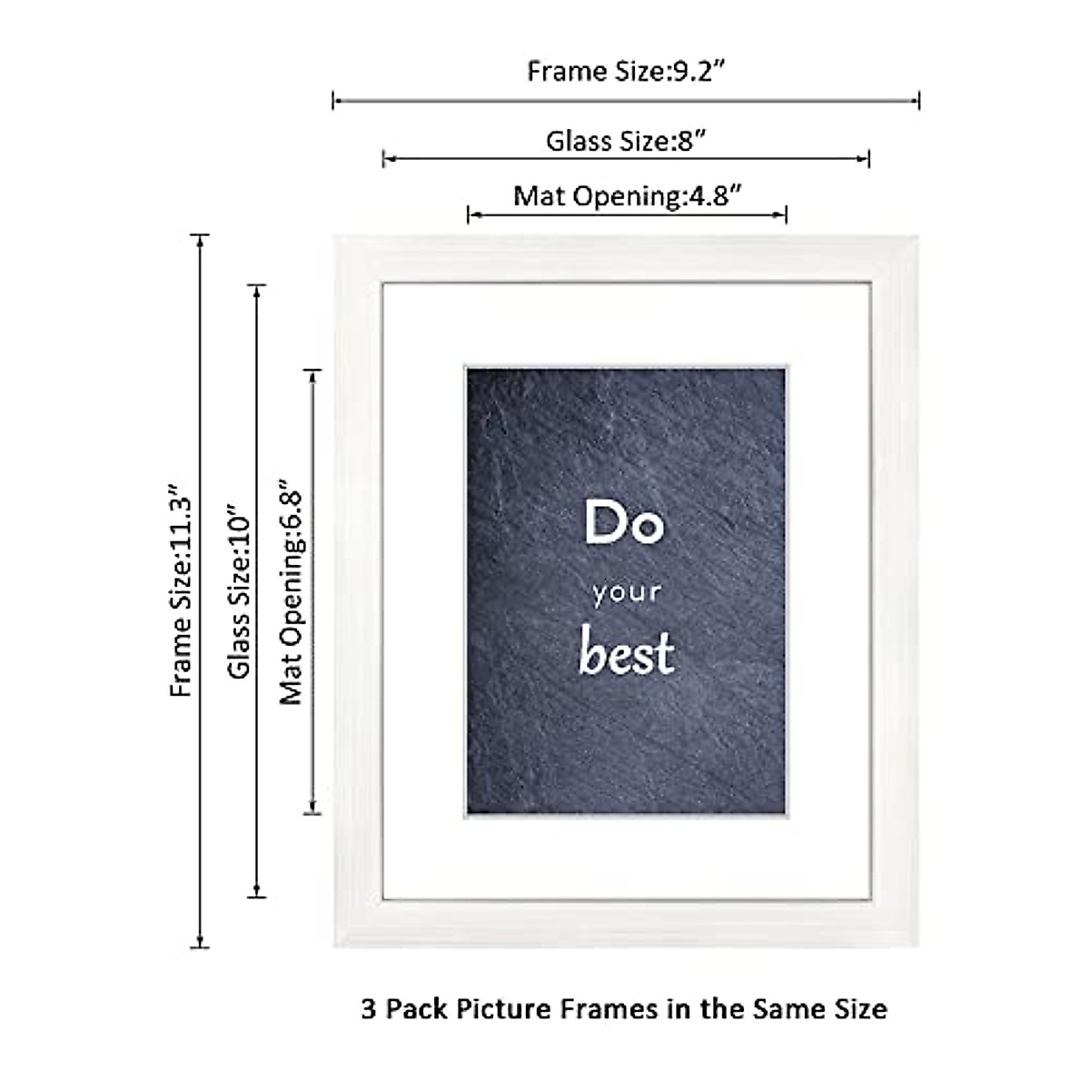 DEKWINN 8x10 Picture Frame Set of 3 with Real Glass for Pictures 5x7 with Mat or 8x10 Without Mat, Wall Mounting or Tabletop display Photo Frames in White