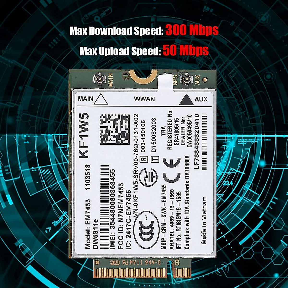 EM7455 Card, 4G LTE WWAN NGFF Module for Dell Latitude, 300 Mbps Download Speed, PCIe M.2 Form Factor