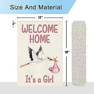 DLZDN Welcome Home Baby Girl Garden Flag Baby Shower Garden Flag 12×18 Inch Double Sided Burlap Flag Newborn Gender Reveal Lawn Yard Sign Stork Outdoor Decoration