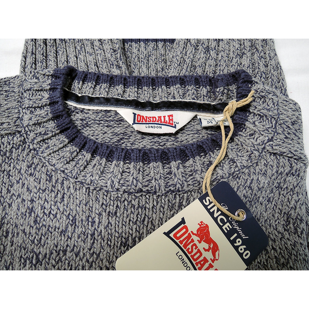 Lonsdale Men´s Regular-Fit Knitted Sweater Pullover Grey with Blue (XX-Large (2XL))