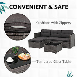 OC Orange-Casual 3-Piece Patio Furniture Set, All-Weather Outdoor Sectional Sofa Set, Wicker Loveseat Lounge Couch with Glass Coffee Table for Deck Balcony, Gradient Grey Rattan, Dark Grey Cushion