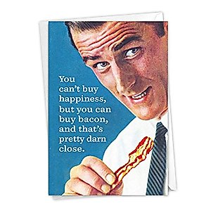 NobleWorks - 1 Funny Vintage Birthday Card - Hilarious Retro Greeting, Grown-Up Humor for Happy Birthdays - Buy Bacon C3993BDG