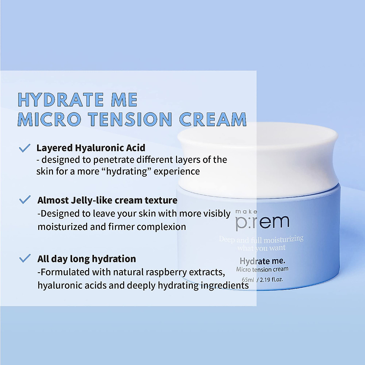 MAKEPREM Hydrate Me Micro Tension Cream Moisturizing Water Cream Hydrate Smooth No-Sticky - Dry Extra-Dry Sensitive Oily Aging Acne-prone Skin Hyaluronic Acid Raspberry 2.19 Fl Oz Korean Skincare.