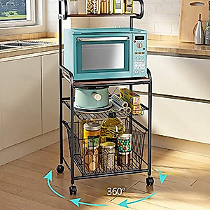 Gdrasuya10 Kitchen Baker's Rack Microwave Stand Cart on Wheels 4 Tier Shelves with Large Metal Baskets Utility Storage Shelf Rolling Cart Fruit Vegetable Kitchen Organizer Rack