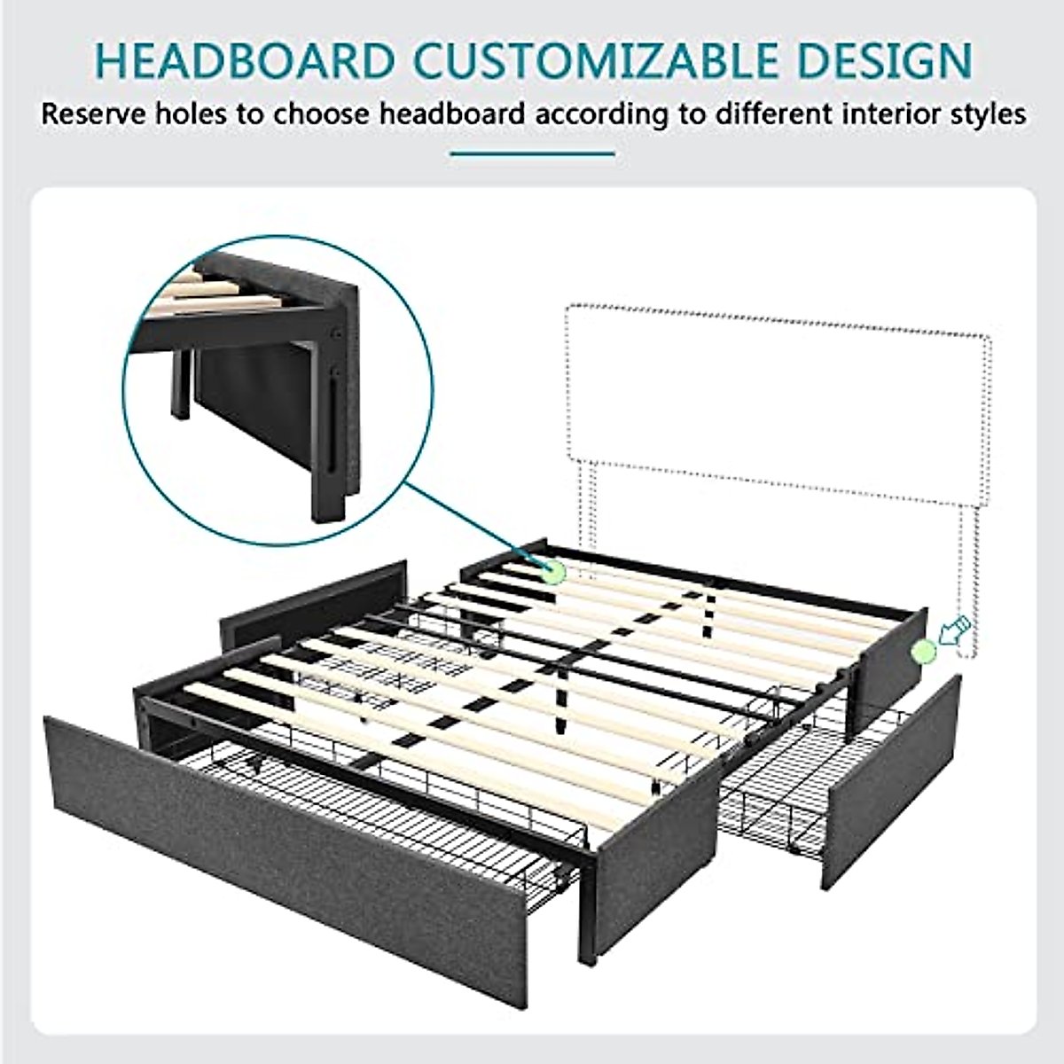 Alohappy Upholstered King Size Platform Bed Frame with 3 Storage Drawers, Mattress Foundation with Wooden Slats Support, Double-Row Support Bars, No Box Spring Needed, Dark Grey