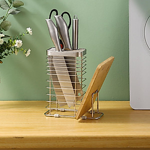 Hemoton Stainless Steel Knife and Cutting Board Stand, Knife Block Holder, Kitchen Knife Holder Storage Organizer, Kitchen Utensils Holder, Cutting Board Rack, Pot Pan Lid Holder for Counter, Cabinet