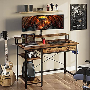 Rolanstar Computer Desk with Monitor Shelf and Drawer, 47" Home Office Writing Desk, Study Table Workstation, Stable Metal Frame, Rustic Brown