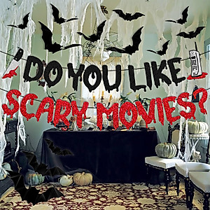 Halloween Decoration Do You Like Scary Movies Banner with 3D Bat Ornaments Hallow Horror Movies Night Party Decor Have a Killer Scream Party Decor Halloween Bloody Slayer Murder theme Spooky Creepy