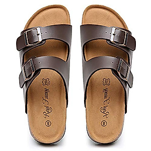 Real Fancy Men's Cork Footbed Sandals with Two Adjustable Buckle Straps - Slip on Summer Slide Sandals for men, Arch Support (Size 9)
