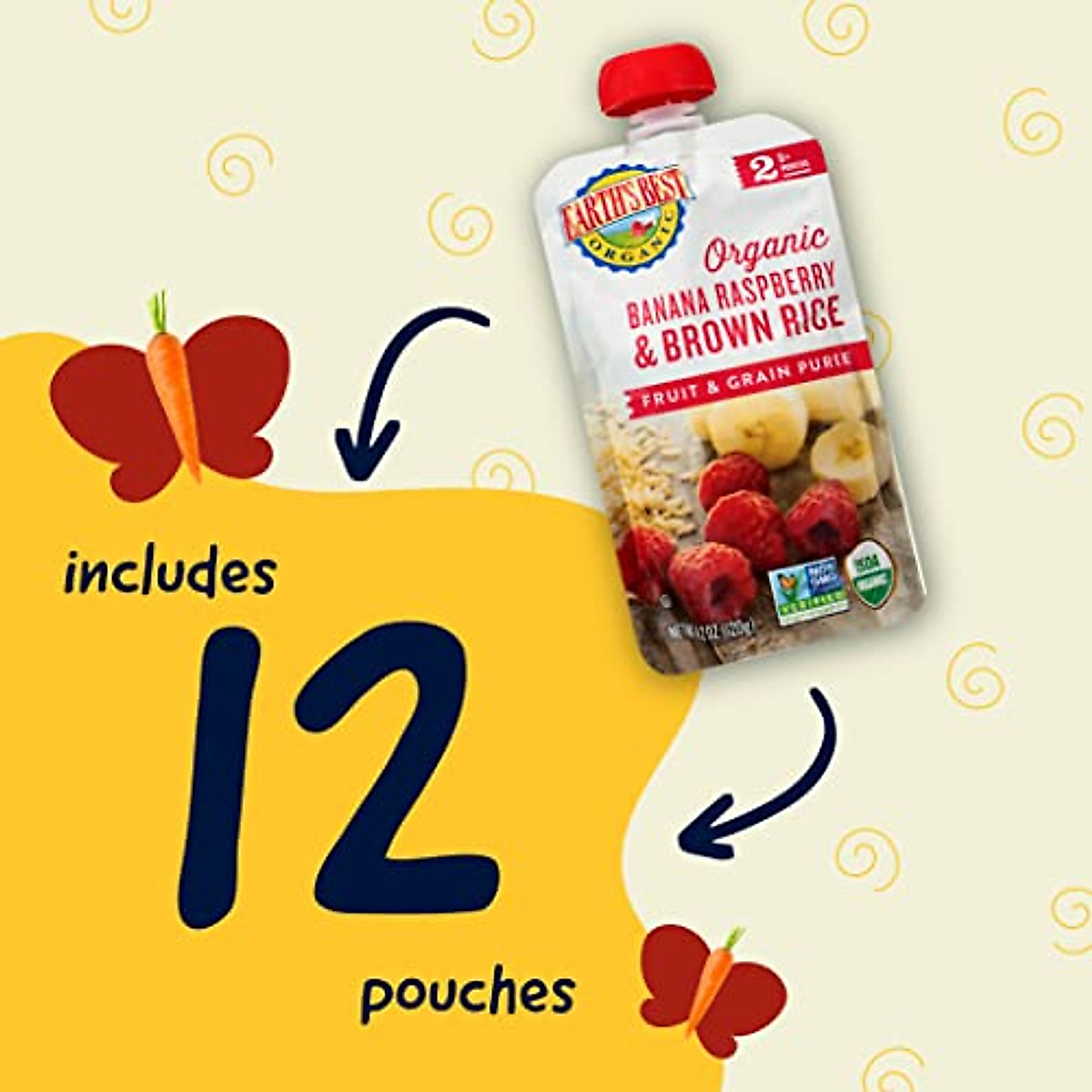 Earth's Best Organic Baby Food Pouches, Stage 2 Fruit and Grain Puree for Babies 6 Months and Older, Organic Banana Raspberry and Brown Rice Puree, 4.2 oz Resealable Pouch (Pack of 12)