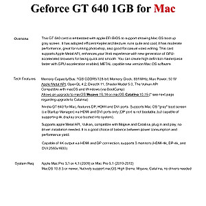 Epic IT Service - Geforce GT 640 for Mac Version, with 1GB GDDR5, PCI Express Gen 3.0, DVI-I DL, HDMI 2.0, DisplayPort 1.2, DirectX 12 (Boot Camp) Light Performance Board - OEM