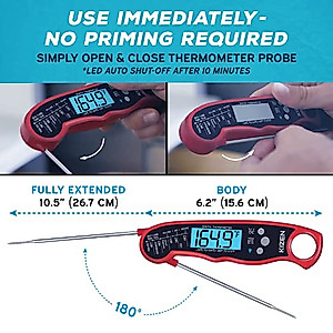 KIZEN Digital Meat Thermometer with Probe - Instant Read Food Thermometer for Cooking, Grilling, BBQ, Baking, Liquids, Candy, Deep Frying, and More - Red/Black
