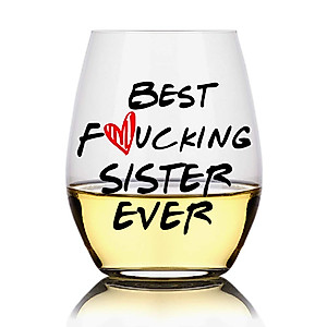 Perfectinsoy Sister Gifts Stemless Wine Glass, Best Sister Ever, Great Wine Glass Gifts for Sister Women Soul Sister BFF Sister in Law, Sister Birthday Gifts for Women, 15 Oz Funny Wine Glass