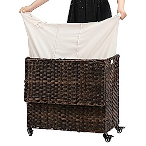 ALIMORDEN Wicker Laundry Hamper with Lid and Wheels 110L Clothes Laundry Basket with Removable Liner Bags Large Hampers for Laundry Organizer 3 Sections for Bedroom Closet Laundry Room Bathroom Brown