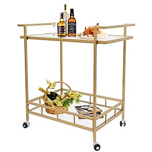 Gold Bar Carts for The Home, 2 Tier Vintage Serving Bar Cart Rolling Coffee Cart Bar on Wheels, Modern Wine Liquor Cart for Home Kitchen