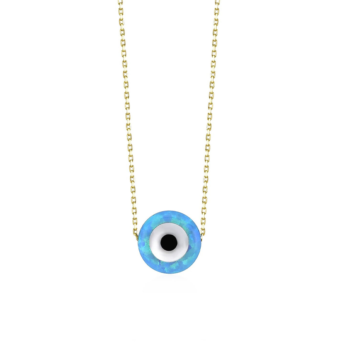 14k Solid Gold Turquoise Evil Eye Necklace | 14k Yellow Gold Opal Nazar Necklaces for Women | Round Pendant Necklace | Delicate October Birthstone Jewelry | Gifts for Christmas, 18"