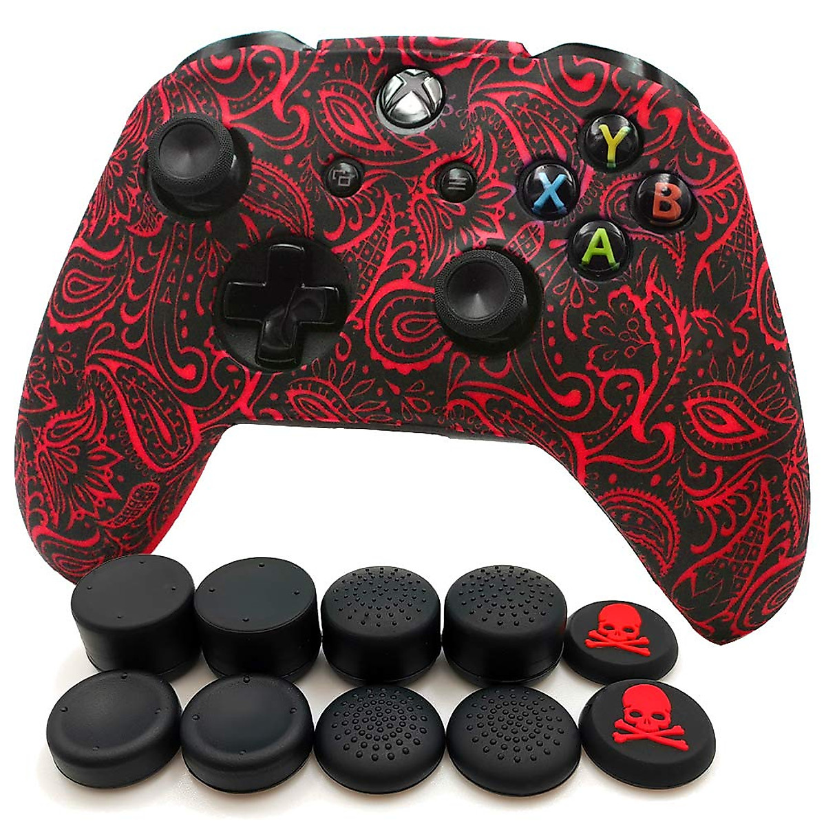 FOTTCZ Anti-Slip Soft Silicone Cover Skin Set for Microsoft Xbox One Controller which 1pcs Red Clover Controller Skin + 8pcs Thumb Grip Caps