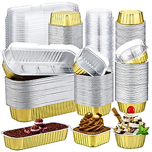 120 Sets 3 Shapes Disposable Mini Aluminum Foil Baking Cups With Lids, 5oz Mini Loaf Pans, 5oz Square Baking Cups, 7oz Muffin Tins, Dessert Cups With Lids for Bread Muffin Brownie Cheesecake