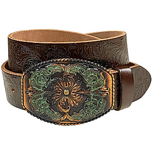 Western Fashion Style Floral Engraved Buckle Full Grain Genuine Leather Belt 1-1/2" (38mm) Wide, Multi-Style Options (Brown, 36)